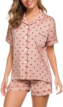 Generic Pyjama court pour femme avec boutonnière - 2 pièces - Pyjama dété - Motif mignon - Haut et short de nuit - Pyjama à revers - Vêtement de détente, Roug