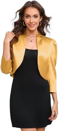 KOJOOIN Boléro élégant pour femme - Veste courte festive - Cardigan en tricot - Manches 3/4 pour robe (emballage réutilisable), or, XL