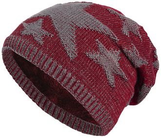 Balinco warm gef&uuml;tterte Beanie mit Teddy-Fleece F&uuml;tterung und Sternen Muster Winterm&uuml;tze Einheitsgr&ouml;&szlig;e f&uuml;r Damen & Herren M&uuml;tze (1A) (Dunkelrot)