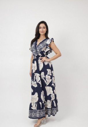 Elara Maxikleid Damen Kleid mit Volants und Musterprint - Sommerkleid Elegant