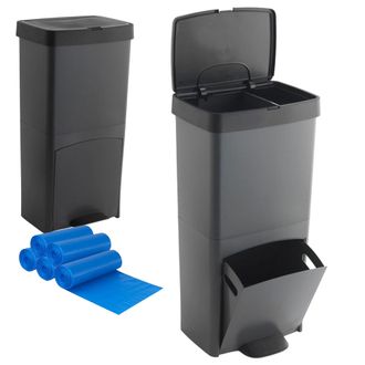 SP Berner M&uuml;ll- oder Recycling-M&uuml;lleimer, 70 l, vertikal, 2 F&auml;cher, Abfalleimer, inklusive Rolle, 20 M&uuml;llbeutel &agrave; 30 l