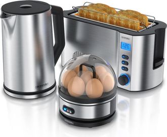 Arendo Fr&uuml;hst&uuml;cksset, Wasserkocher 1,5l, 4-Scheiben Langschlitztoaster, 7er Eierkocher sevencook, Silber - Arendo