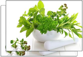 Wallario 2er Set Fr&uuml;hst&uuml;cksbrettchen aus Glas, Glasunterlage, Glasbrettchen Welt der Kr&auml;uter - Verschiedene Kr&auml;uter in einem wei&szlig;en M&ouml;rser, Gr&ouml;&szlig;e 30 x 20 cm, S