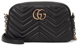 Gucci Womens Shoulder Bag Gg Marmont Chevron Nappa Black Lambskin