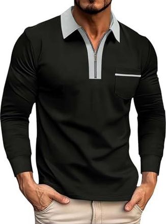 Generic Polo pour homme avec fermeture &eacute;clair 1/4 - L&eacute;ger et respirant - Manches longues - Pour printemps et automne - Confortable, BK1., 3XL