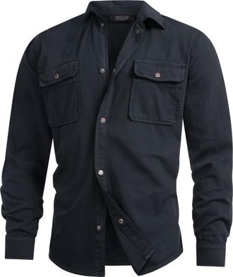Indicode Herren INCooplon Jeans-Hemd mit 2 Brust-Taschen aus 100% Baumwolle | Herrenhemd f&uuml;r M&auml;nner Black, XXL