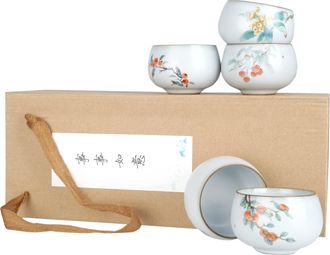Coolchange Chinesisches Teeschalen Set | Handbemalt mit Gongbi Malerei | 5 Stk. | Keramik | Motiv: Asiatische Obststräucher | 120ml