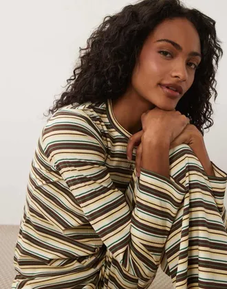 Brave Soul Pyjama-Set mit Knopfleiste, lang&auml;rmelig, gestreift, in Gr&uuml;n und Schokobraun