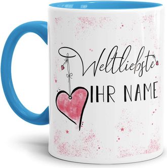 Tassendruck Tasse mit Spruch f&uuml;r die Weltliebste -Name- Personalisierbar/Individuell/Familie/Geschenk-Idee/Innen & Henkel Hellblau