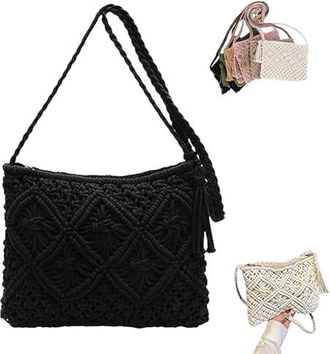 Generic Pochette minimaliste &agrave; pompons pour femme - Sac r&eacute;tro en corde de coton tiss&eacute; &agrave; la main, sac &agrave; main pour les vacances, la plage boh&egrave;me, Noir, One Size