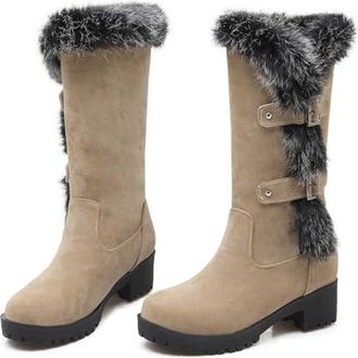Generic Bottes Femme Mi-Mollet Bordées Fourrure Bout Rond Talons Carrés Boucle Tige Daim Durable Confortables Enfilables Chaussures Hiver,Beige,38.5 EU