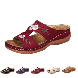 Generic Chaussures orthop&eacute;diques confortables pour femme - Sandales plates d&eacute;t&eacute; en cuir - Broderie florale - Bout ouvert - Respirantes, Rouge, 35.5 EU