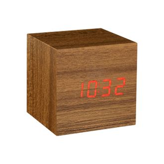 gingko Cube LED Click Clock Wecker mit Sound Aktivierung (Uhrzeit, Datum & Temperatur), Teak/rote LED