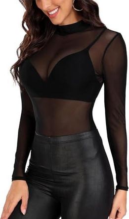Onsoyours Hauts Transparents Femmes Sexy Maille T-Shirt Manches Longues Sheer Mesh Top Elastique Chemise Tulle Dentelle Slim Blouse Soir&eacute;e Clubwear A02 Noir XS
