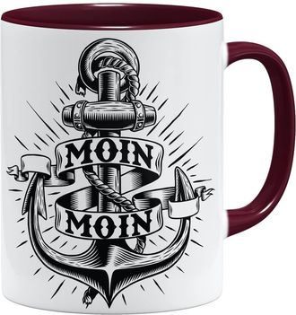 OM3 Moin Moin Anker Kaffee-Tasse - Keramik Becher - 11oz 325ml - Beidseitig Bedruckt - Bordeaux