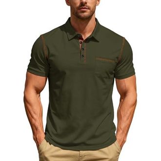Generic Polo &agrave; manches courtes pour homme, coupe droite, col henley, t-shirts solides et confortables pour le sport daffaires, vert militaire, XXL