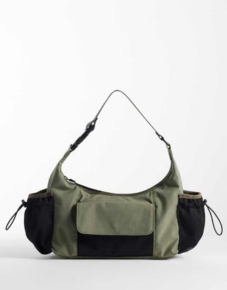 Weekday Handtasche aus Netzstoff in Khakigr&uuml;n mit Kordelzug-Details