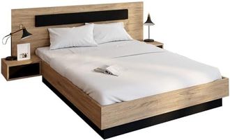 IDMarket Lit Double Santa avec t&ecirc;te de lit + Tables de Chevet int&eacute;gr&eacute;es et sommier 140 x 190 cm Bois et Noir