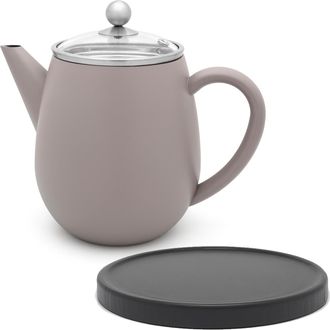 Bredemeijer graue doppelwandige Teekanne 1.1 Liter - isolierende Edelstahl Kanne mit Deckel aus Glas & Tee-Filter Sieb-Einsatz und schwarzem Holz-Untersetzer