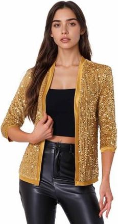 Allegra K Veste Blazer Élégante à Sequins pour Femmes Cardigan à Paillettes Manches 3/4 pour Soirée Gilet Brillante Costume de Fête Jaune S
