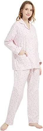 Global Femme Pyjama Flanelle Manches Long |Ensembles de Pyjama Coton |Chemises de Nuit Bouton | Chaleureux Vêtements de Nuit Confortable |Fleurs Mignonnes Ro