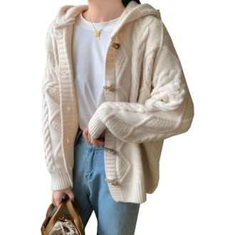 Generic Chandail boutonné pour femme, ouvert sur le devant, manches longues, cardigan en tricot à capuche, chandail épais, abricot, M