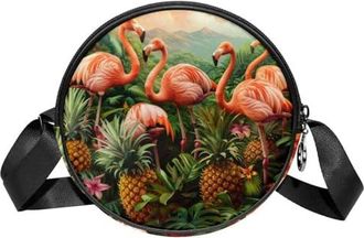 Generic Sac &agrave; bandouli&egrave;re rond pour femme, motif ananas et flamants roses, petit sac &agrave; bandouli&egrave;re avec fermeture &eacute;clair, bretelles r&eacute;glables, sac &agrave; main rond