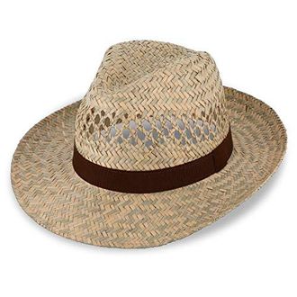 Fiebig Fedora Chapeau de Paille avec Ruban Brun | Chapeau de Soleil pour Hommes et Femmes en 100% Paille | Fabriqué en Italie| Chapeau dété en Plusieurs Tail