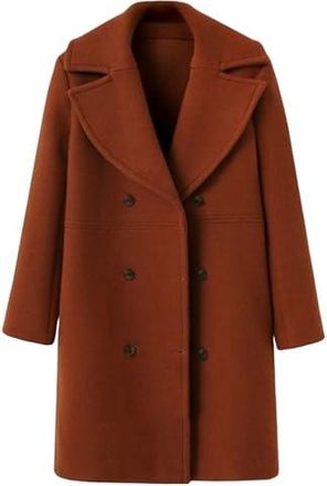 Generic Manteau &agrave; double boutonnage pour femme - Veste dhiver &agrave; manches longues et revers mi-cuisse, rouge brique, XL