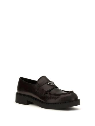 Prada Mens Brushed Leather Loafers With Triangle Logo Teak