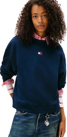 Tommy Jeans Damen Mittelschwerer Pullover mit Rundhalsausschnitt und gesticktem Flaggenlogo in der Mitte, Dark Night Navy, S