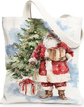 Generic Sacs fourre-tout vintage en toile de No&euml;l, motif P&egrave;re No&euml;l, sacs d&eacute;picerie r&eacute;utilisables, l&eacute;gers et lavables en toile pour les vacances, le shopping, 