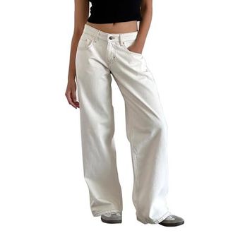 Generic Jean baggy taille basse pour femme style Y2K délavé droit jambe large boyfriend jean décontracté ample pour femme, blanc, XXL