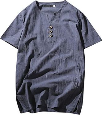 Generic Chemises en lin blanc &agrave; boutons pour hommes - Chemises courtes en lin pour homme - Hauts boutonn&eacute;s - Coupe ajust&eacute;e - Polo en coton blanc - T-shirt &agrave; m