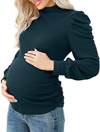 KOJOOIN Chemise de Grossesse Femme Manches Longues col roul&eacute; Mode de Grossesse avec Fronces lat&eacute;rales Vert fonc&eacute; M
