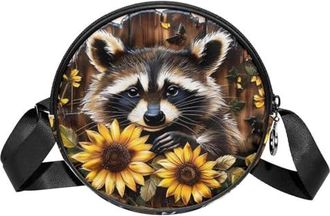 Generic Petit sac &agrave; bandouli&egrave;re circulaire pour femme, motif tournesol raton laveur avec fermeture &eacute;clair, bretelles r&eacute;glables, sac &agrave; main rond d&eacute;contract&eacute; po