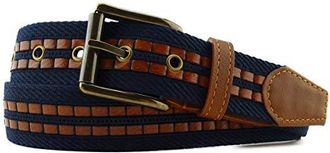 TigerTie Ceinture en tissu avec boucle en acier inoxydable et applications en cuir v&eacute;ritable - Largeur de la ceinture : 35 mm. - Bleu - 90 cm tour de taille (l