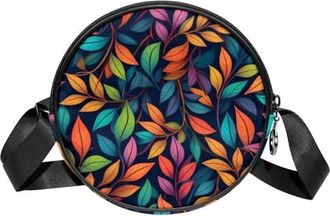 Generic Sac &agrave; bandouli&egrave;re rond pour femme, motif feuilles color&eacute;es, petit sac &agrave; dos &agrave; bandouli&egrave;re avec fermeture &eacute;clair, bretelles r&eacute;glables, sac &agrave; main rond 