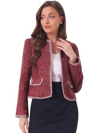 Allegra K Blazer &agrave; carreaux en tweed pour femme - Manches longues - Ouverture sur le devant - Veste courte pour le travail et le bureau, bordeaux, M