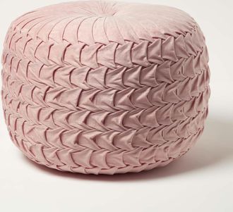 Homescapes Grace Plissee-Hocker geflochten Altrosa 50x35 cm, Samt-Pouf rosa, Sitzpouf rund mit Sitzsack-F&uuml;llung