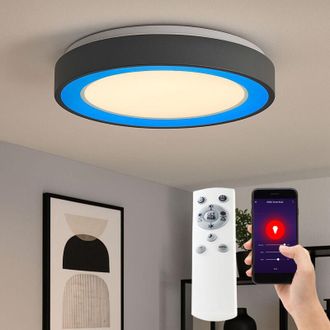 Brilliant Plafonnier LED RGB changement de couleur Plafonnier dimmable T&eacute;l&eacute;commande Lampe de salon anthracite, m&eacute;tal, 24W 2600Lm blanc chaud froid, D 39x8 cm