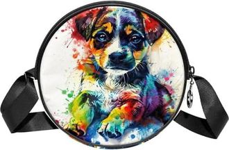 Generic Sac &agrave; bandouli&egrave;re rond rond pour femme, motif chiot graffiti, aquarelle, avec fermeture &eacute;clair, bretelles r&eacute;glables