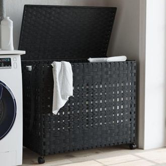 vidaXL Vidaxl - Panier &agrave; linge avec roulettes - Dimensions 66x35x60 cm - Mat&eacute;riau rotin et acier - 3 compartiments avec sac amovible - Design pliable
