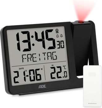 ADE Digitaler Funkwecker mit Projektion und Außensensor | Projektionswecker mit 2 Weckzeiten| Uhr mit Temperaturanzeige, Datum und Wochentag | inkl. Netzk
