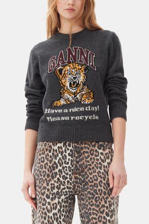 Ganni Pull graphique gris fonc&eacute; avec motif tigre - Pour Femme