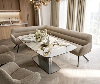 DELIFE Esszimmerbank Taya-Flex 285x190 cm Boucl&eacute; Schlamm Kreuzgestell kantig Schwarz Taschenfederkern Rechts, B&auml;nke