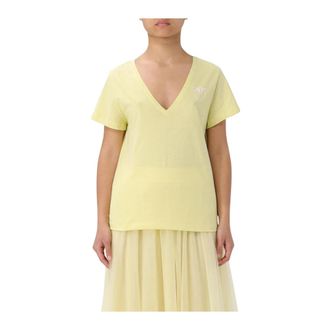 Pinko V-Ausschnitt Baumwoll Tee - - Tops - Damen - Gelb - L