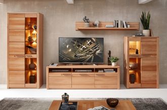 Möbelando Wohnwand >Nature One< Komplett-Set (4-teilig) in Kernbuche Teil-massiv FSC-Zertifiziert - Moderne Schrankwand mit LED-Beleuchtung für Ihr Wohnzimmer -