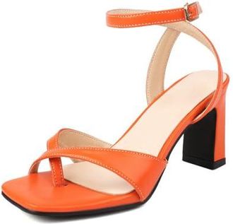 Generic Sandales à Talons Hauts et épais, Bout carré Ouvert, Bride Cheville, Chaussures habillées pour fête Mariage, 7 cm,Orange,40 EU