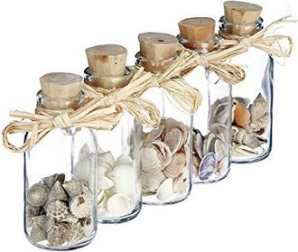 Relaxdays Muschel Deko Fläschchen, 5er Set Muschel-Mix, maritime Bad Dekoration, Sea shells, Mini Glasflaschen, natur